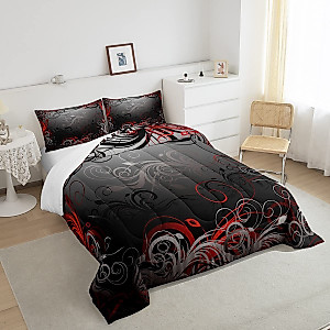 Homewish Gray Floral Swirls Comforter Set Twin Size,Gothic Leaf Bedding Set 2pcs for Kids Teens Adult Room Decor, Abstract Mystic Trippy Quilt Set Black Red Duvet Insert with 1 Pillowcase