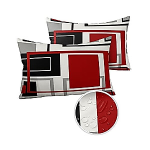 Red Gray Black Geometric Lumbar Pillow Covers 12 x 20 Inches, Modern Abstract Art Aesthetics Waterproof Throw Pillow Cover Set of 2, Decorative Rectangle Cushion Covers for Patio/Tent/Couch/Garden