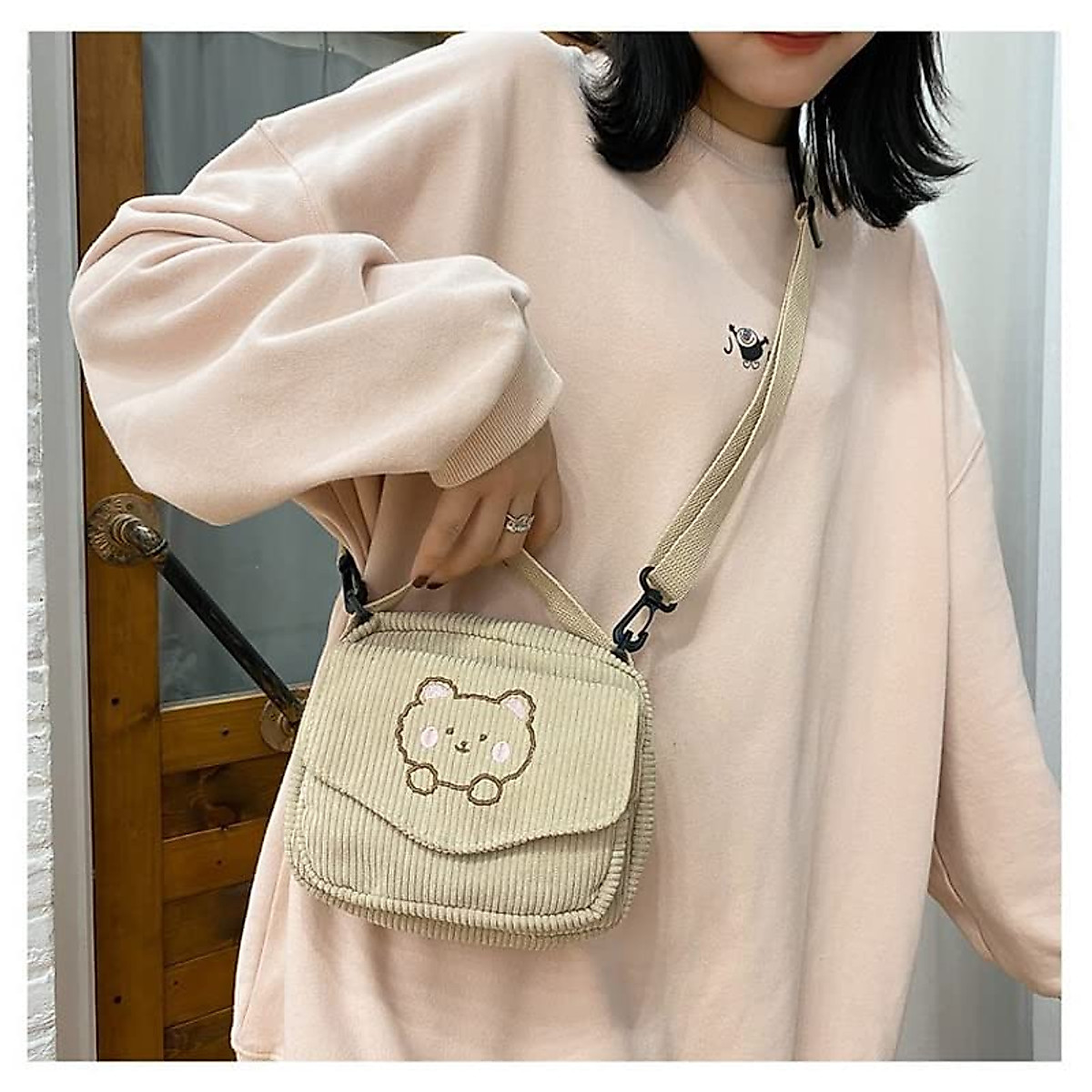 GGOOB Kawaii Corduroy Crossbody Bag (Beige) - Handbag, Unisex-Adults, 17*6*15 cm (L*W*H)