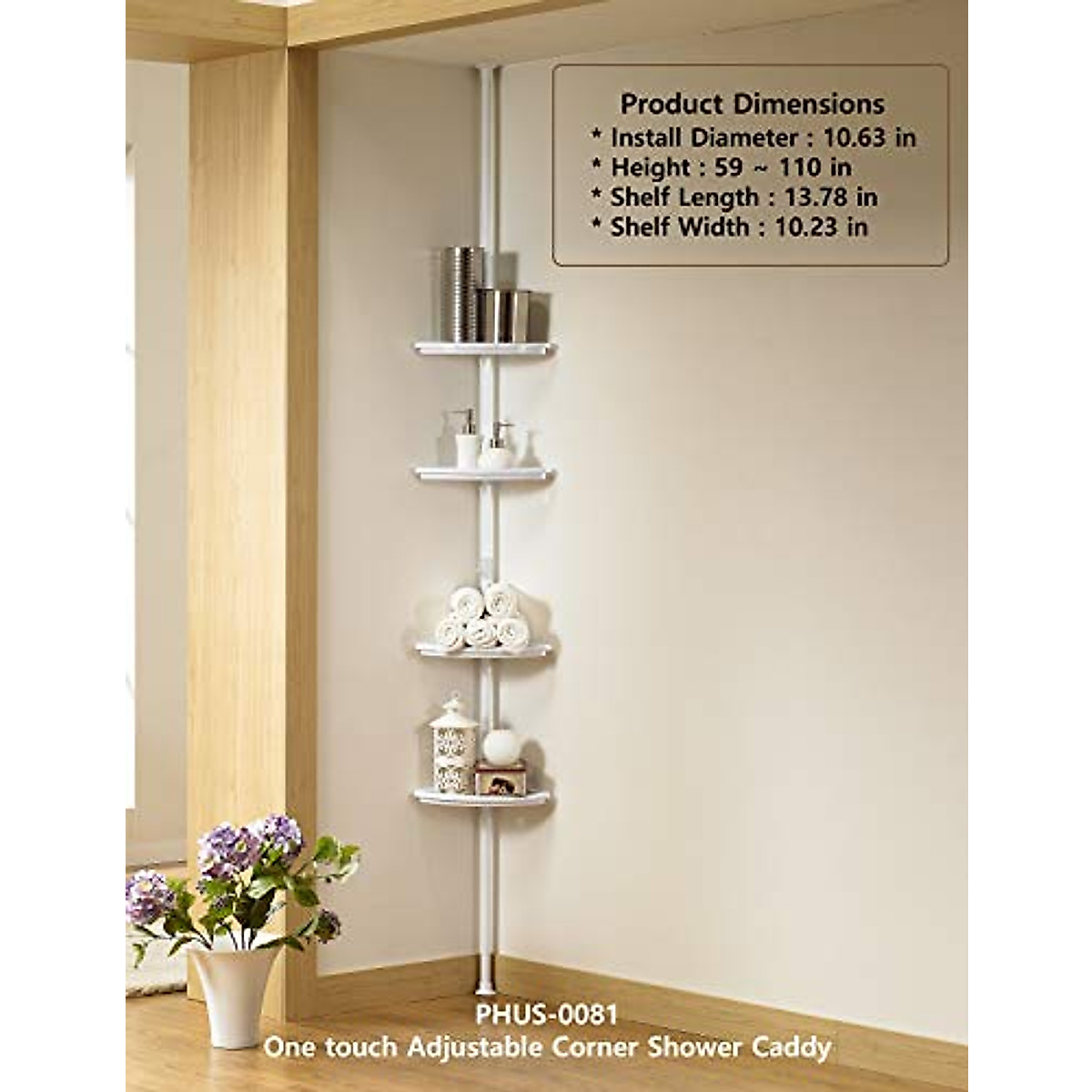 Prince Hanger, One Touch Adjustable Corner Shower Caddy, PHUS-0081, White, Coated Steel, Made in Korea