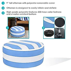 Sunnydaze Indoor and Outdoor Inflatable Ottoman - All-Weather, Water-Resistant Blow Up Footstool - Portable Patio Furniture - Lawn, Garden and Travel Inflatable Pouf - Beach-Bound Stripe