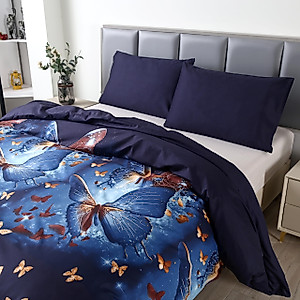 MAG 3pcs Butterfly Bedding Duvet Cover Set,Vintage Bedding Sets,Cute Duvet Cover Set for Toddler, Kids, Girls, Super Soft Microfiber (no Comforter) (Dark Blue, Twin)