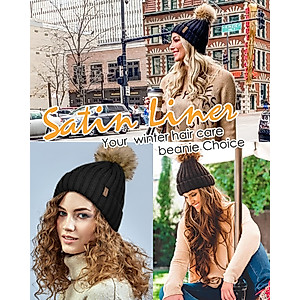 FURTALK Womens Beanie Satin Lined Knitted Beanie with Pom Winter Hat for Women Black