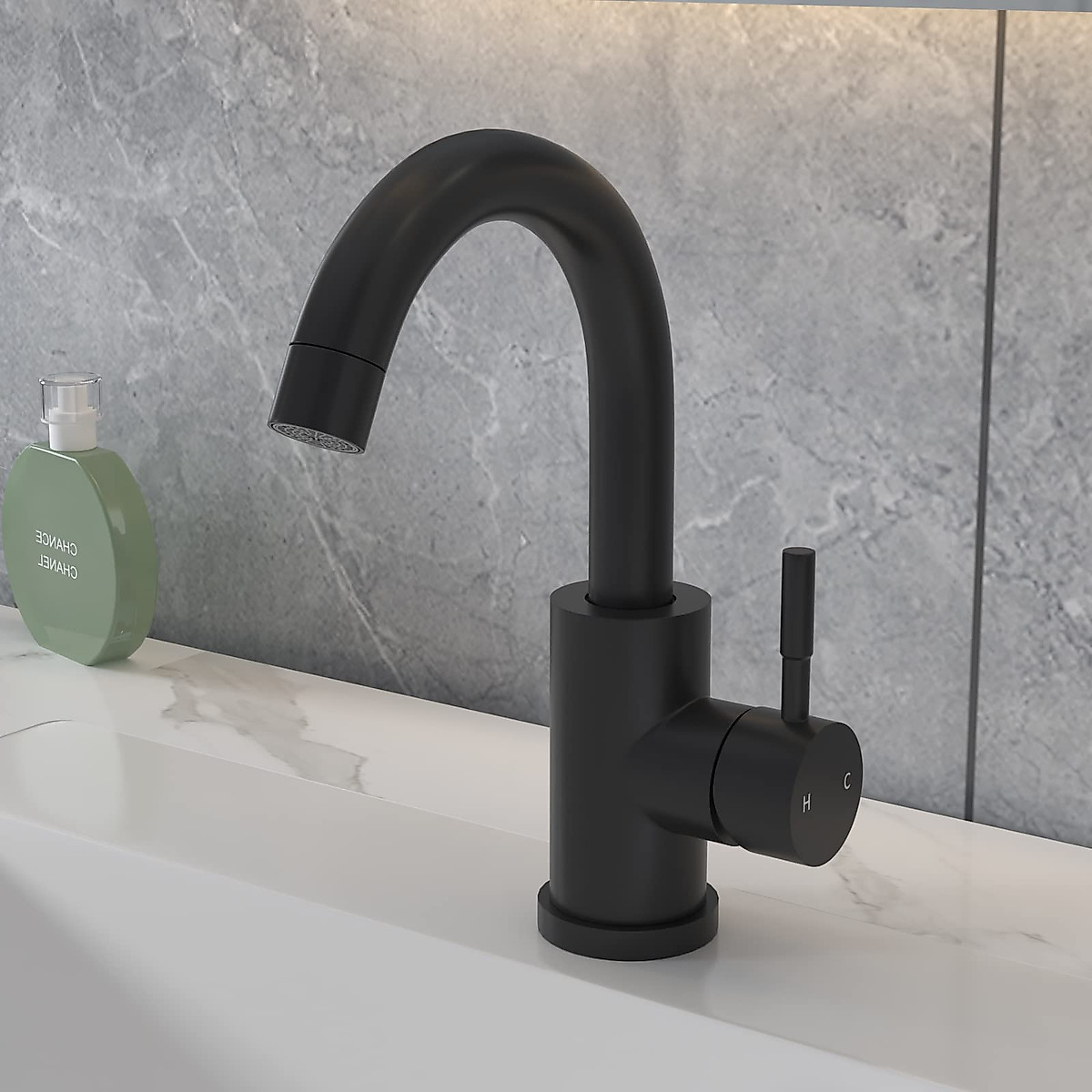 Bathfinesse Bar Sink Faucet Matte Black Bathroom Kitchen Faucet Small Prep Wet Mini Faucet for Campers Outdoor Vanity 360 Swivel Modern Single Hole with 3 Hole Cover Deck Plate,Stainless Steel