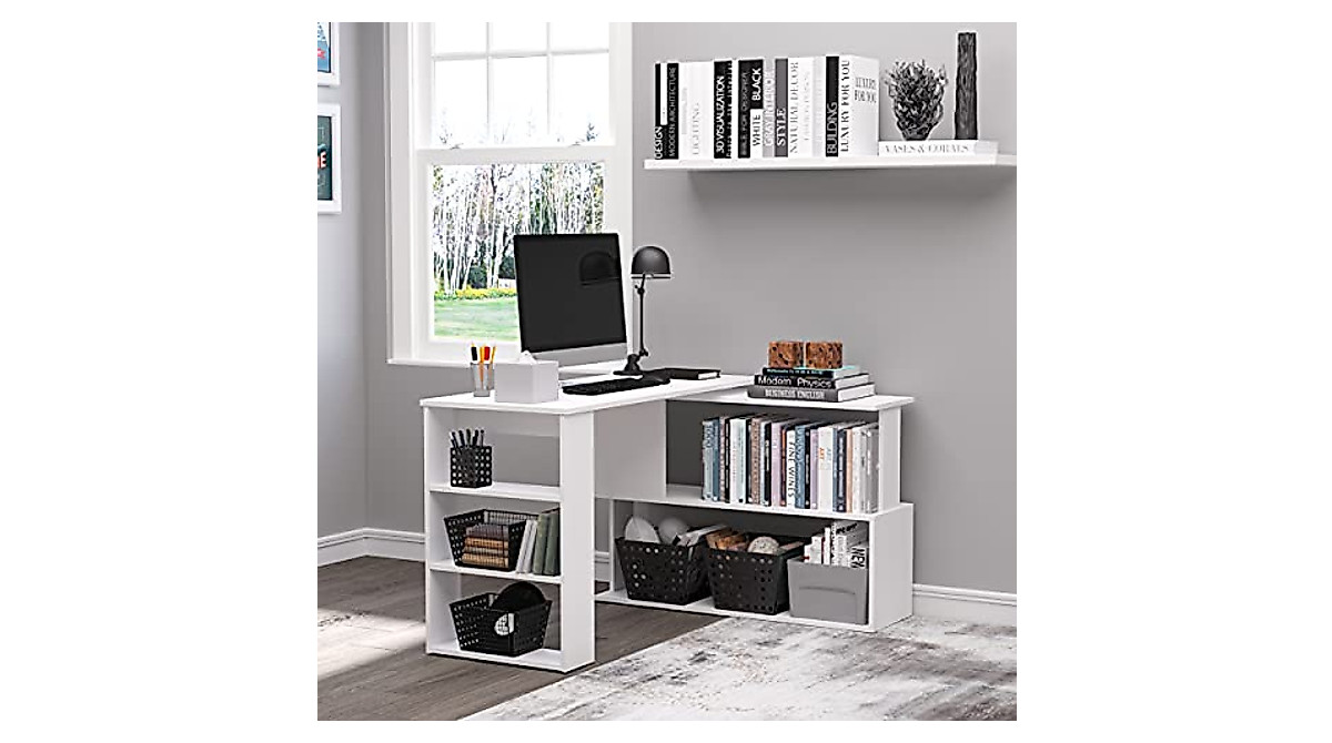HOMCOM 360° Rotating L-Shaped Corner Office Desk - Space Saver & Storage