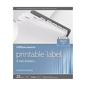 Office Depot Plain Dividers With Tabs And Labels, White, 8-Tab, Pack Of 25 Sets, 11354