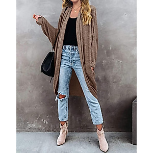 MEROKEETY Women's 2024 Fall Waffle Knit Batwing Long Sleeve Cardigan Loose Open Front Sweater Coat, Brown, XX-Large