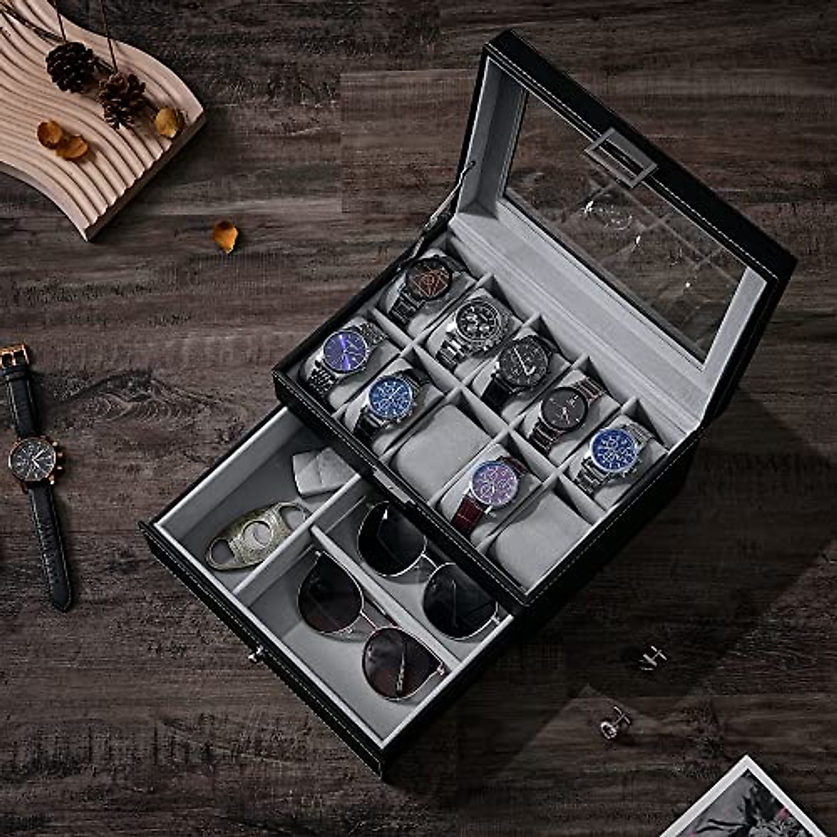 BEWISHOME Watch Box Organizer with Valet Drawer - Real Glass Top, Metal Hinge, Large Holder, Black PU Leather - 10 Slots Watch Storage Case Jewelry Box for Men SSH14B