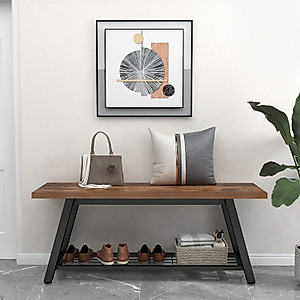 Oastreeful Storage Bench Industrial Rustic Wooden and Metal Entryway Shoe Boots Storage Rack Long Bench Seat for Hallway Bedroom Retro Brown Farmhouse Style