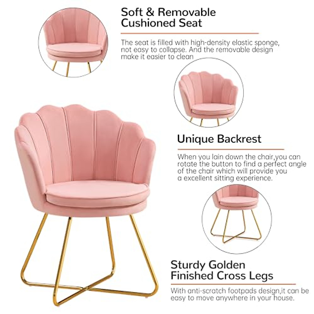 Furniliving Pink Vanity Chair, Velvet Makeup Chair for Bedroom, Home Office Desk Chair with Gold Plating Legs, Cute Accent Chair for Makeup Room, Bedroom, Living Room, Guest Reception (Velvet Pink)