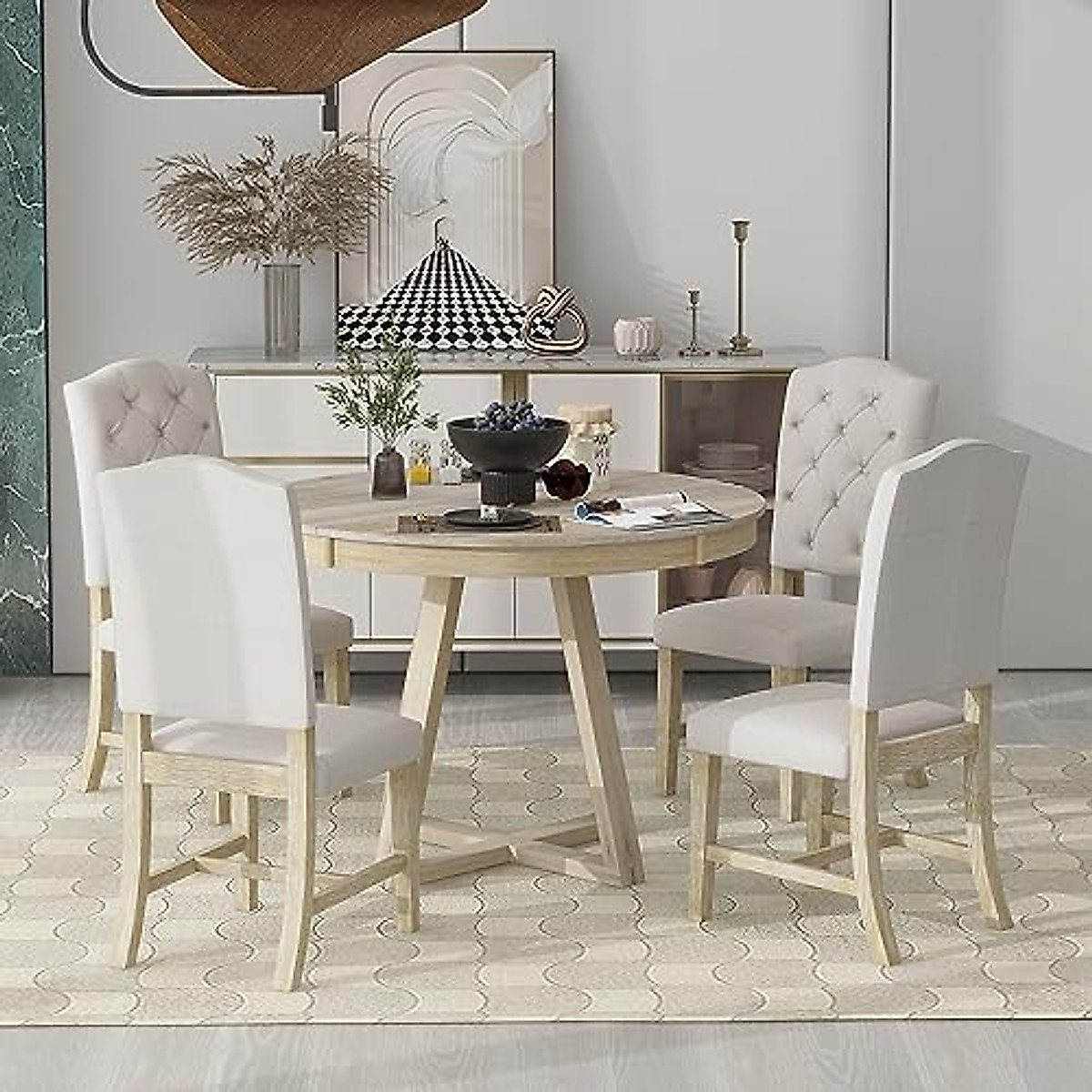 5 PCS Extendable Upholstered Dining Sets Include Round Table and 4 Chairs for Dining Room and Living Room ,More Functional Design with 16"W Butterfly Leaf Convertible to Oval Tabletop, Natural+Grey