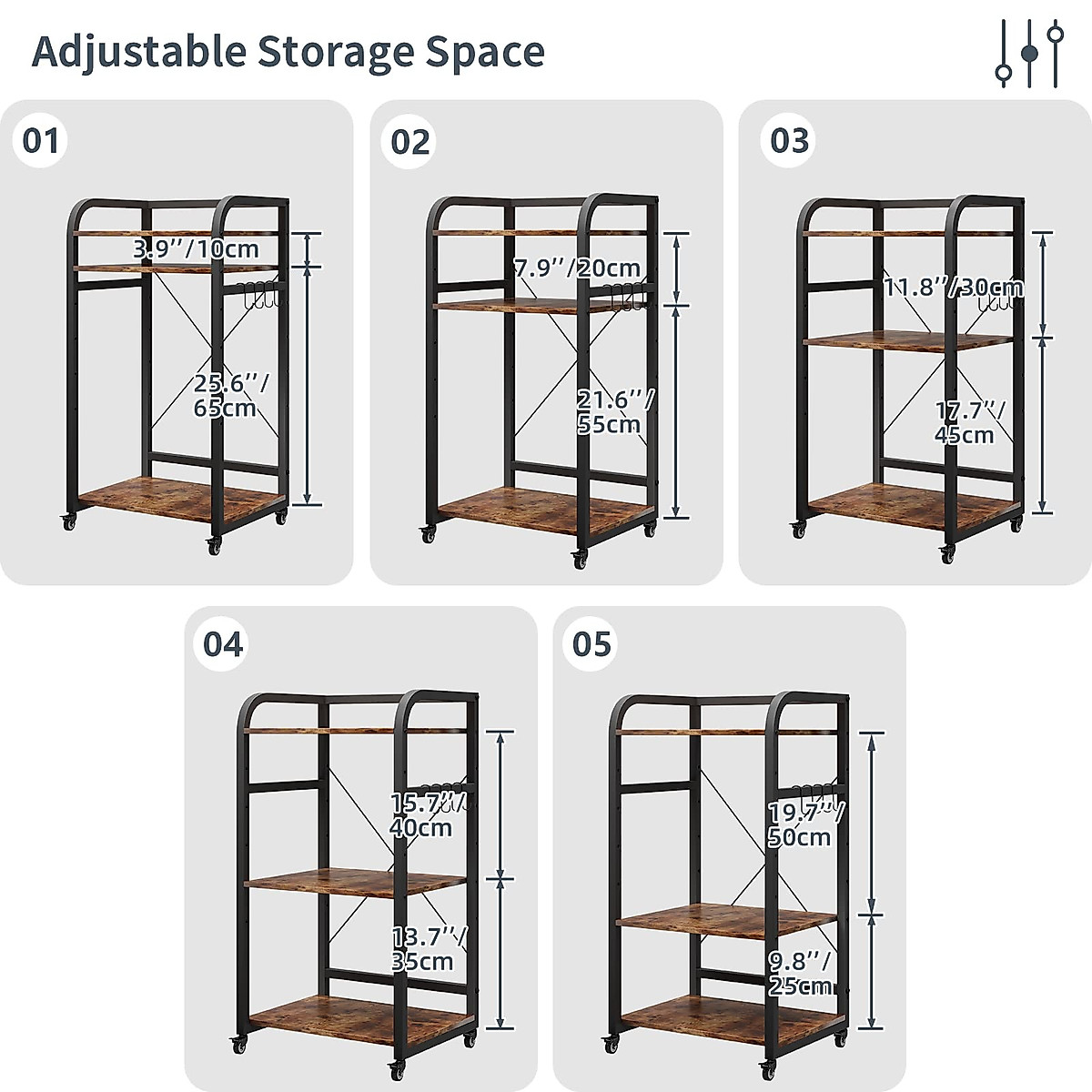 LAITIMIA 3 Tier Mobile Printer Stand with Storage Shelves Folding Paper Shredder Stand Heavy Duty Laser Printer Table on Wheels CPU Tower Stand Home Office Printer Cart Kitchen Organizer Rustic Brown