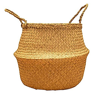 Thirteen Chefs Modern Village Large Woven Basket, 11 Inch Seagrass Belly Basket for Plants