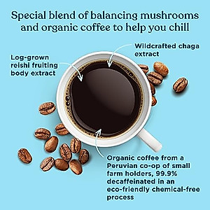 Four Sigmatic Calm Organic Decaf Ground Coffee | Swiss Water Decaf Coffee Ground | Decaffeinated Coffee with Chaga & Reishi Mushroom Extracts | Decaf Coffee for Stress Relief | 12oz Bag