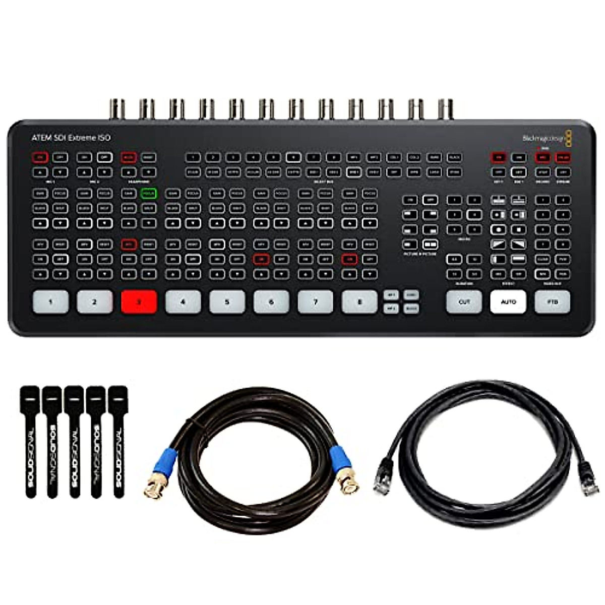 Blackmagic Design ATEM SDI Extreme ISO Live Stream Switcher Bundle with 8’ 5G-SDI Cable, 7’ Cat5e Cable, and 5-Pack of Solid Signal Cable Ties (SWATEMMXEPCEXTISO)