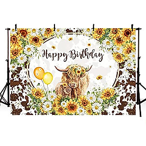 MEHOFOND 7x5ft Highland Cows Floral Birthday Backdrop Brown Cattles Happy Birthday Party Decorations Sunflowers Farm Cow Photography Background for Girls Cake Table Banner Supplies