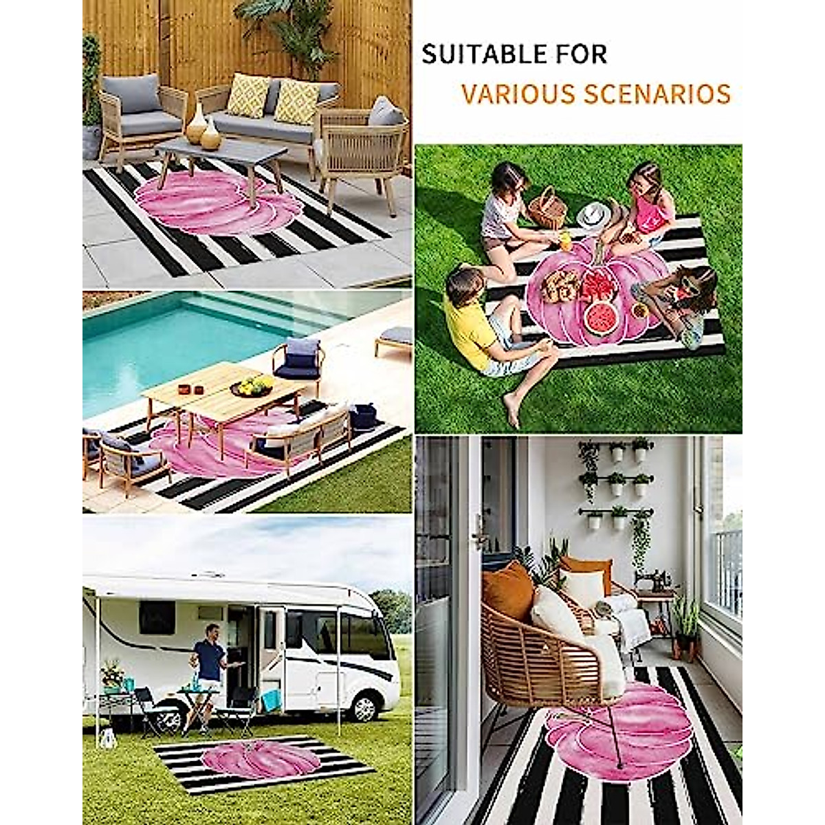 Outdoor Rug 4' x 6', Thanksgiving Fall Large Area Rugs for Patio/RV/Deck/Porch/Indoors, Black and White Striped Pink Pumpkin Water Absorption Camping Rug Carpet, Lightweight Washable Rug Runners