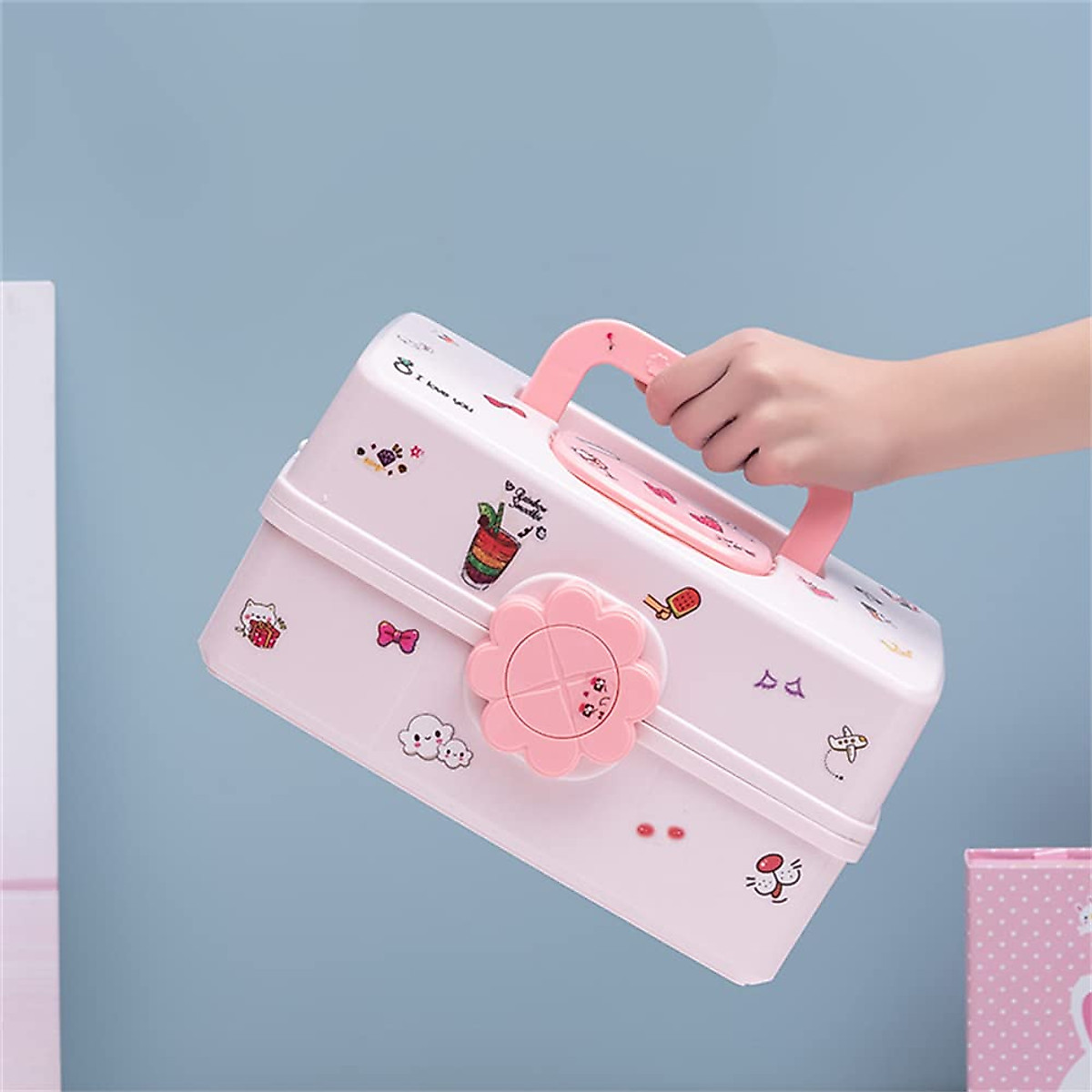 Srutirbo Hair Accessories Organizer for Girls,Portable 3-Layers Plastic Box with Fold Tray and Handle, Lockable Container for Art Supply, Makeup, Nail, Hair Accessories