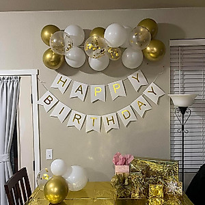 White Happy Birthday Banner With Shiny Gold Letters, Swallowtail Design Hanging Signs Party Decorations