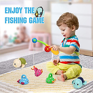 Bath Toys Fish Set, Fishing Game w/ Swimming Tortoise, Fishing Pole & Net, Fish Game Bathtub Water Table Shower Pool Bathroom Toy for Toddlers Baby Kids Infants Boys Girls