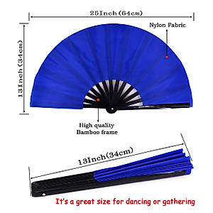 Amajiji Large Folding Hand Rave Fan for Women/Men, Chinease/Japanese Bamboo and Nylon-Cloth Folding Hand Fan for Performance, Festival, Events, Gift, Craft, Dance, Decorations (Blue)