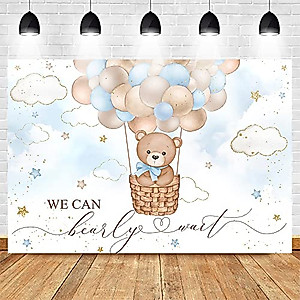 Mocsicka Blue Bear Hot Air Balloon Backdrop Boy Bear Balloons Baby Shower Background We Can Bearly Wait Baby Shower Party Cake Table Decoration Photo Booth Props (7x5ft)