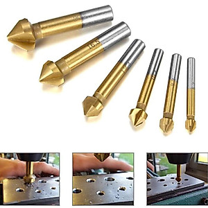 KEWAYO 3 Flute 90 Degree HSS Chamfering Tool Bit Countersink Drill Bit Set for Metal Wood Plastic Woodworking Metal Working Tool Bit Set, Pack of 6pcs