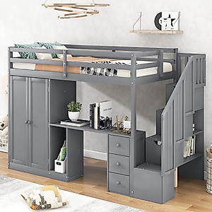 Gray Twin Size Loft Bed with Stairs and Desk, Wooden Twin Loft Bed with Wardrobe and Storage Drawers, High Loft Bed Frame for Kids, Teens, Adults Boys & Girls, Loft Bed Twin with Storage