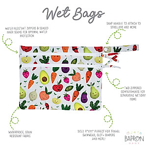 BapronBaby Market Fresh Produce Wet Dry Bag - Waterproof Two Zipper Pockets - Reusable for Mealtime, Diapers, Stroller, Snacks, Swimsuits - Machine Washable - 11" x 9"