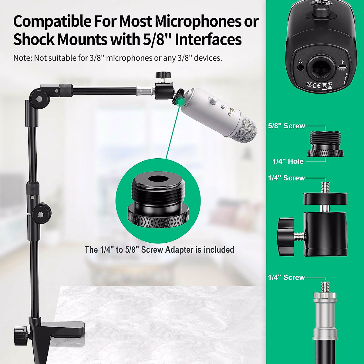 Webcam Stand Camera Mount with Phone Holder & 5/8" Screw, 25in Flexible Projector Stand Gooseneck Desk Mic Stand for Logitech C922 C930e C920 C615 C960 Brio 4K, GoPro, Blue Yeti Snowball Ice