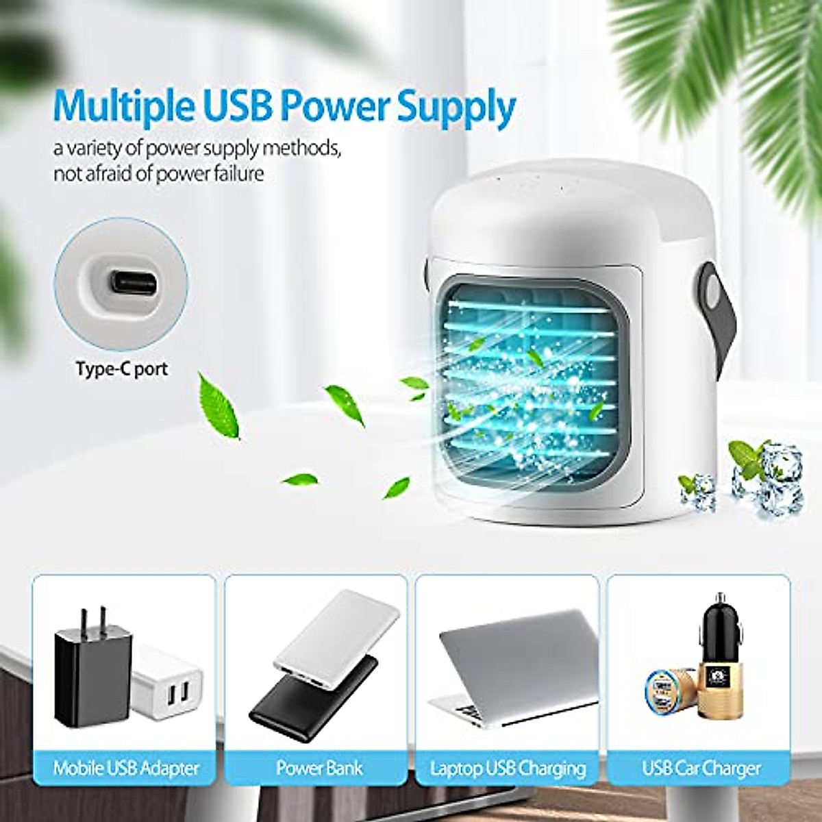 Portable Air Conditioner 4 in 1 Personal Air Cooler Fan with 4 Ice Tray USB Rechargeable Mini Quiet Evaporative Humidifier with 7 LED Light Battery Operated 3 Wind Speed Desktop Cooler for Home/Office