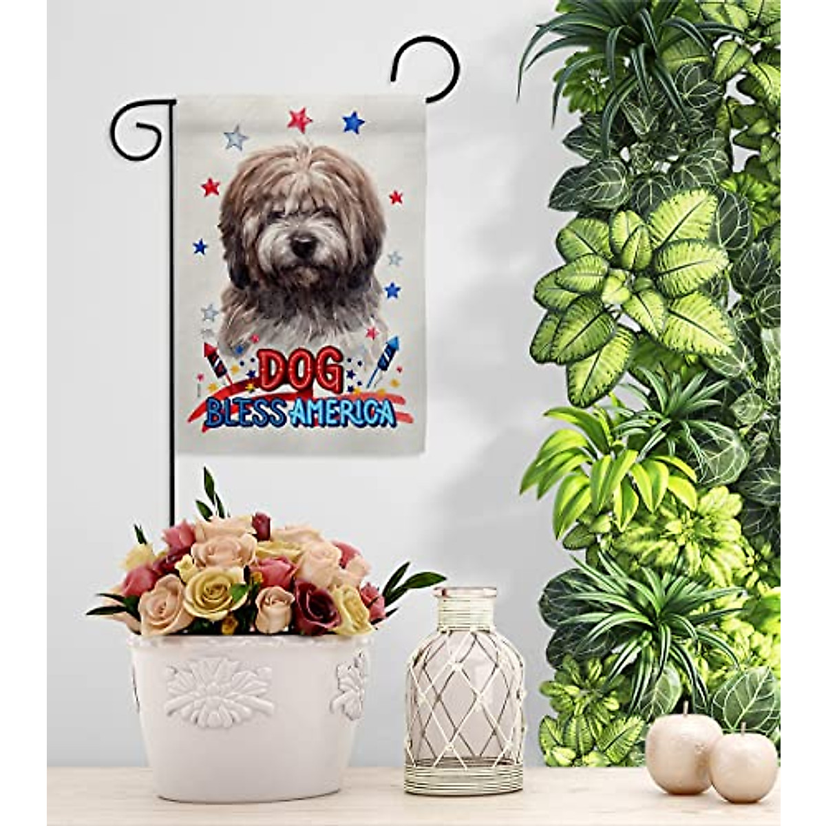 Breeze Decor Patriotic Brindle Tibetan Terrier Garden Flag-Set Wood Dowel Dog Puppy Spoiled Paw Canine Fur Pet Nature Farm Animal Creature House Banner Small Yard Gift Double-Sided, Made in USA