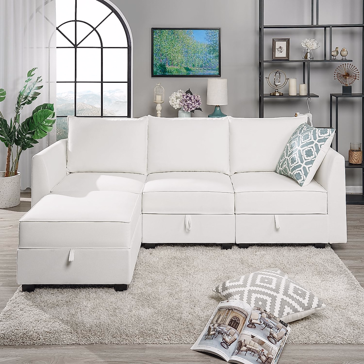 Naomi Home Elizabeth Modular Sectional Sofa with Storage L Shaped Modular Sofa 4-Seater Sectional Couch for Living Room, White Down, Linen