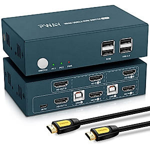 HDMI KVM Switch Dual Monitor, 2 Port KVM Switch 4K@30Hz, KVM Switch 2 Computer 2 Monitor, KVM Supported Wireless Keyboard & Mouse and Hotkey Switch, Dual Monitor KVM Switch with 4 HDMI Cables