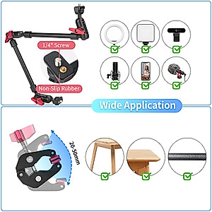 JEBUTU Upgraded 22in/57cm Adjustable Articulating Friction Magic Arm with 1/4" Thread & Super Clamp with Two 1/4" and one 3/8" Thread, Camera Mount for LED Light/Microphone Video Rig