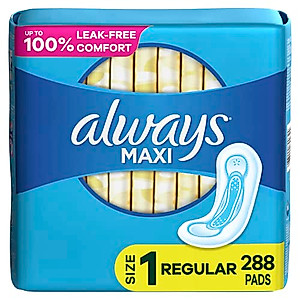 Always Maxi Feminine Pads For Women, Size 1 Regular Absorbency, Multipack, Without Wings, Unscented, 48 Count x 6 Packs (288 Count total)