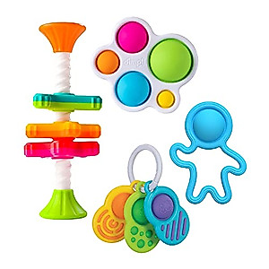 Fat Brain Diaper Bag Essentials, 4 Piece Dimpl Toys, Mini Spinny, Storage Bag