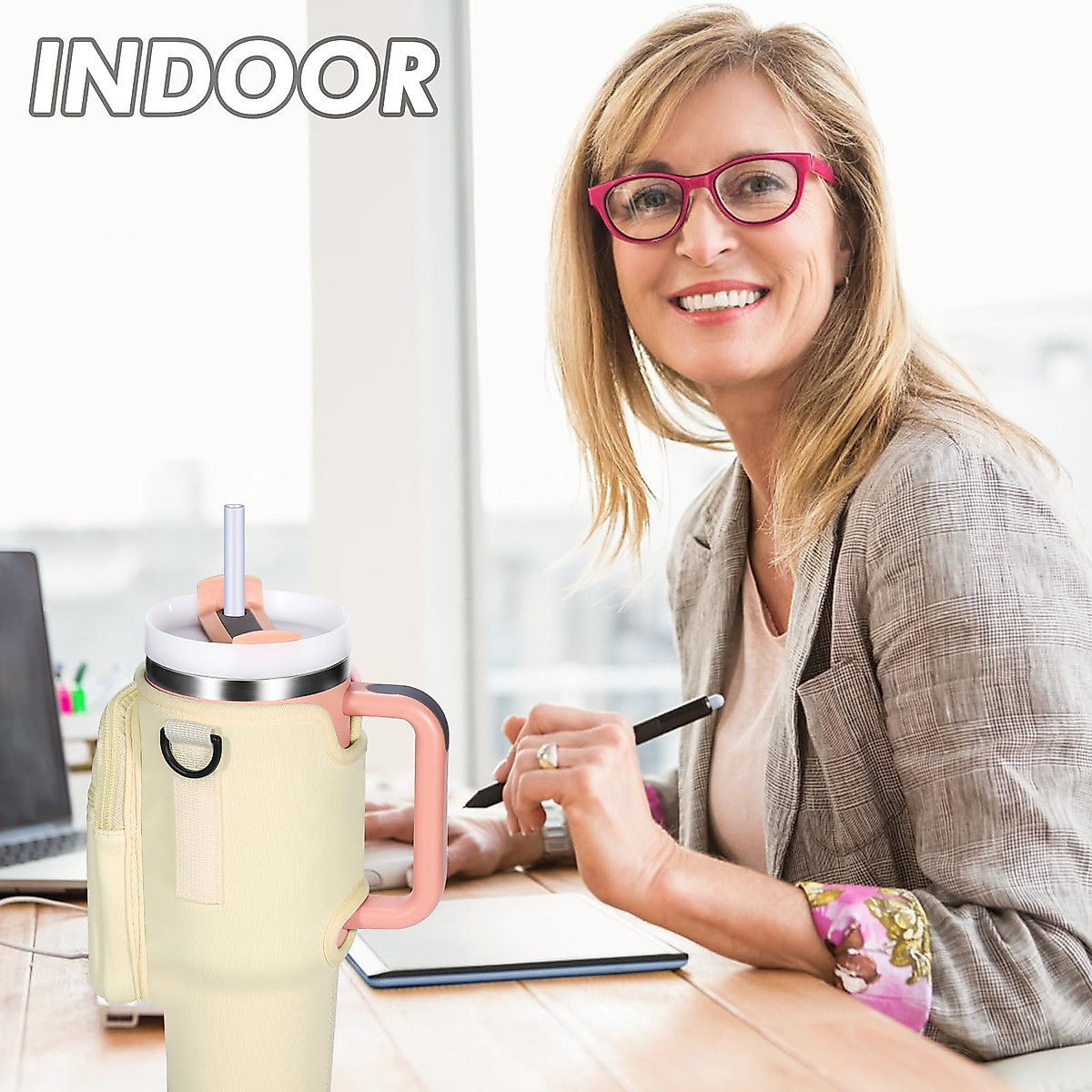 URSKYTOUS 4Pcs Stanley Cup Holder with Strap for Stanley 40oz Tumbler Water Bottle Carrier Bag Holder Accessory for Stanley Quencher H2.0 Flowstate, Stanley Adventure Quencher 40 oz Tumbler (Apricot)