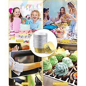 150 Pcs Patelai Aluminum Foil Cups 4.2 oz Mini Baking Cups Gold Cupcake Liners Disposable Ramekins Foil Muffin Pans for Pie Souffle Pudding Holder Wedding Birthday Party (Round)