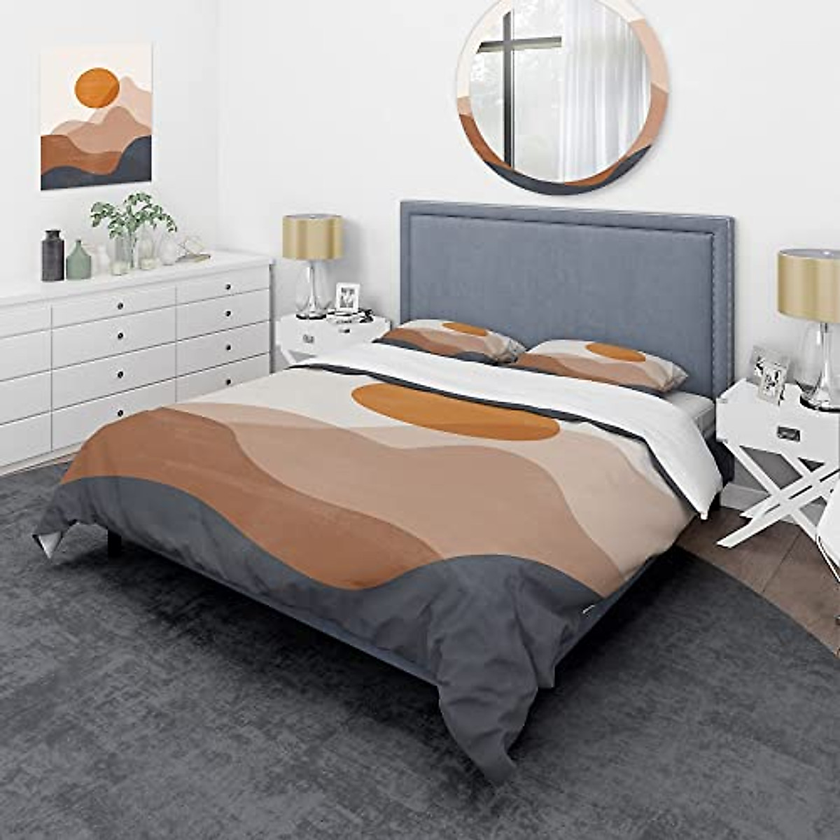 DESIGN ART Designart 'Abstract Red Moon in Earth Toned Mountains II' Modern Duvet Cover Comforter Set King Cover + Comforter + 2 King Shams 4 Piece