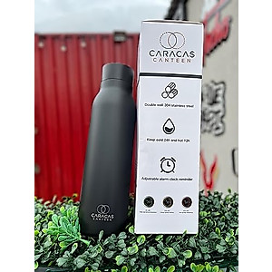 Caracas Canteen Modern SMART Sports Water Bottle, Stainless steel, BPA free flask, app tracks intake, alarm reminder to hydrate, Temperature, Leak proof. 600ml/20 oz (Midnight Black)