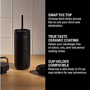 Fellow 16 oz Carter Bundle (3 in 1) Travel Mug with Carry Handle, Move & Cold Lids with Straw - To-Go Coffee Tumbler, Ceramic Interior & Vacuum-Insulated Stainless Steel - Coffee Cups-Matte Black