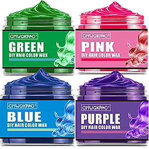 4 Colors Temporary Hair Color Wax,Blue Purple Pink Green Hair Dye Color Wax Washable Natural Instant Hair Color Cream for DIY Hairstyle for Kids Men Women Halloween Party