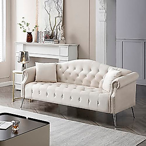 Homtique Sofa Set for Living Room 2 Piece, Modern Velvet Loveseat Sofa Set Upholstered Button Tufted Nailhead Trimming Rolled Arm and Metal Legs, Velvet Sofa Couch with 4 Pillows(Beige)