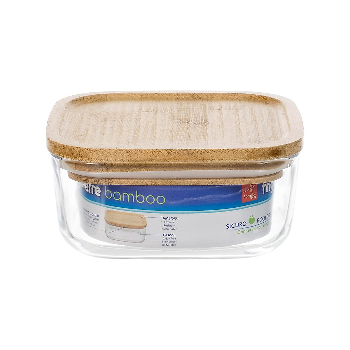 Bormioli Rocco Frigoverre Bamboo 33.75 oz. 6" Square Glass Food Storage Container with Bamboo Lid, Set of 12