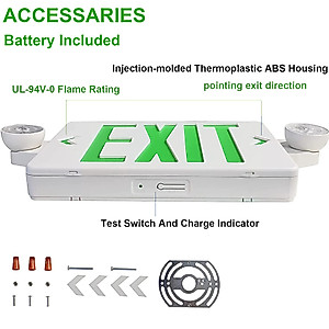 Green LED Exit Sign with Emergency Lights, Two LED Adjustable Head Emergency Exit Lights with Battery Backup, Dual LED Lamp ABS Fire Resistance UL-Listed 120-277V