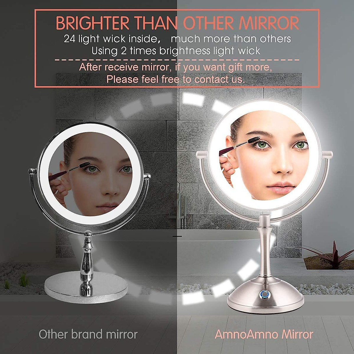 AmnoAmno LED Makeup Mirror-10x Magnifying,7.8" Double Sided Lighted Vanity Makeup Mirror with Stand, Touch Button Adjustable Light-Cord or Cordless (Sliver)