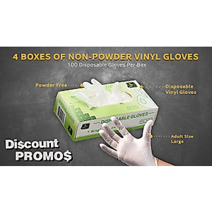DISCOUNT PROMOS Non Powder Vinyl Gloves Set of 4, Bulk Pack - Each Box has 100 Disposable Gloves, For Cooking, Cleaning, Travelling, and Diaper Changing - Transparent White