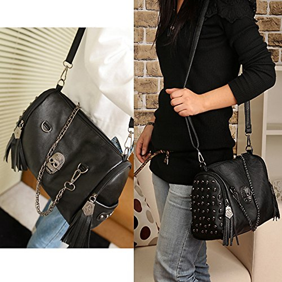 FiveloveTwo Personality Skull Women Top Handle Shoulder Bag Satchel Tote Purse Fashion Vintage Middle Bag Black