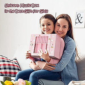 efubaby Jewelry Box for Girls Perspective Window Musical Jewelry Box for Girls with 3 Drawers & Unicorn Jewelry Set Birthday Gifts for Little Girls Kids Jewelry Storage Organizer Christmas Gifts Pink